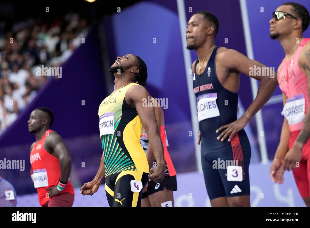 Kishane Thompson, of Jamaica, reacts ahead of the men's 100-meters ...