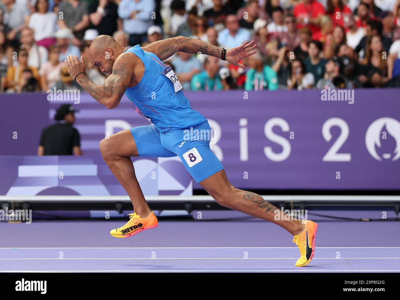Paris, France. 4th Aug, 2024. Lamont Marcell Jacobs of Italy competes ...