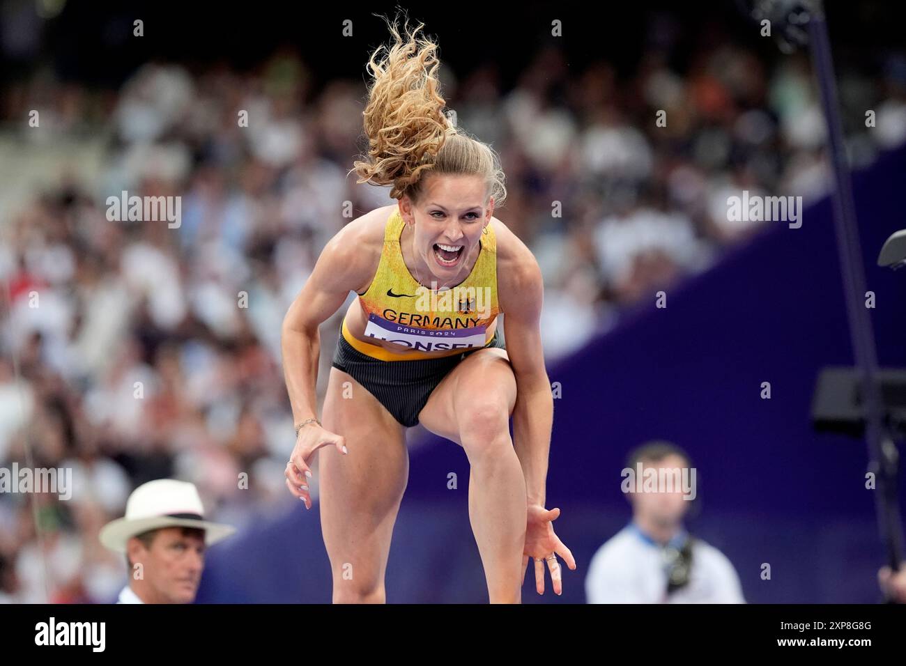 Christina Honsel, of Germany, reacts in the women's high jump final at ...