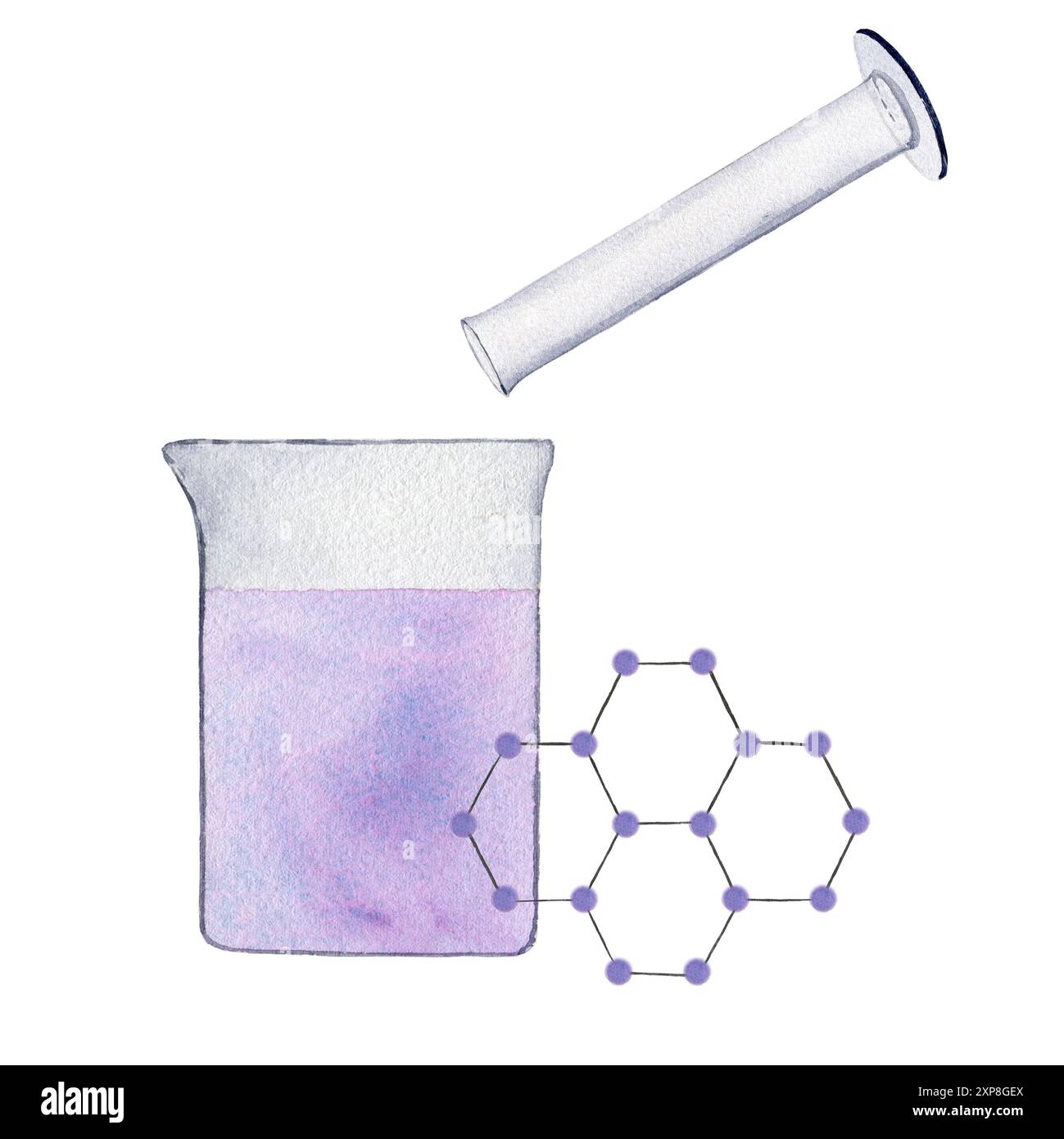 Medicine flasks with liquid and crystal cell. Hand drawn watercolor ...