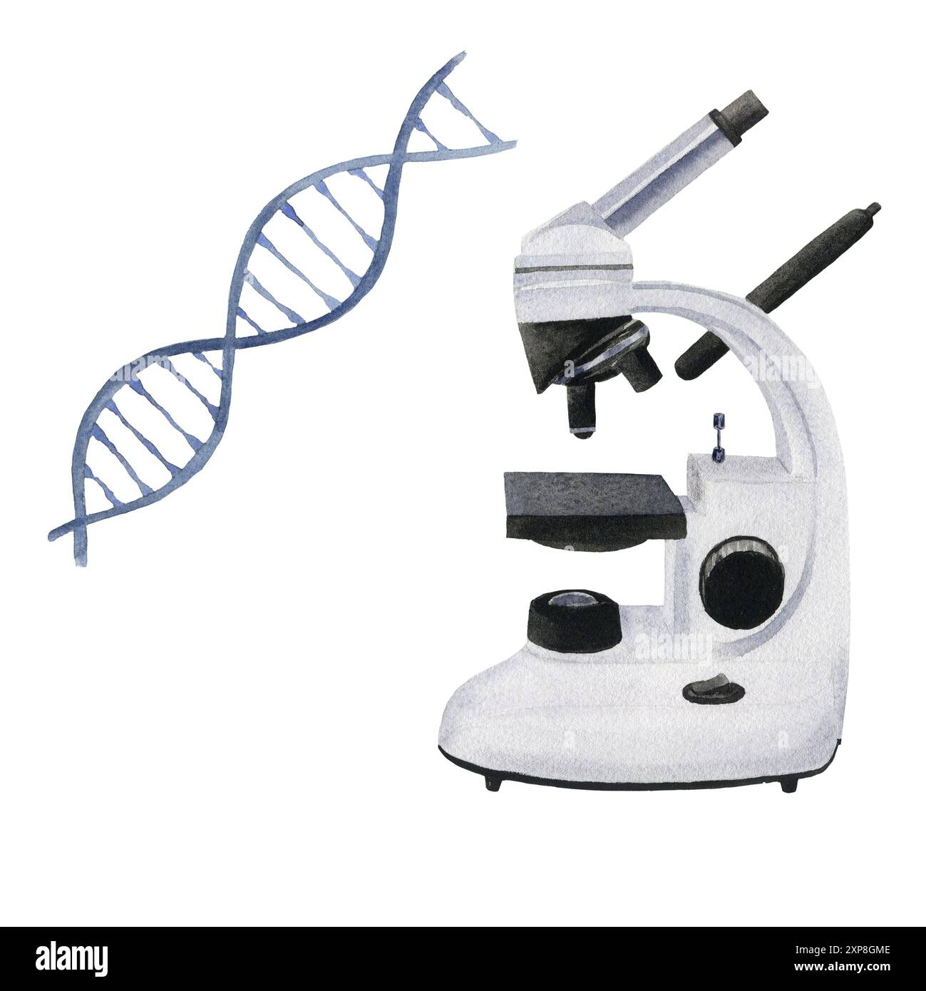 Watercolor microscope with DNA gene Hand drawn illustration isolated on ...