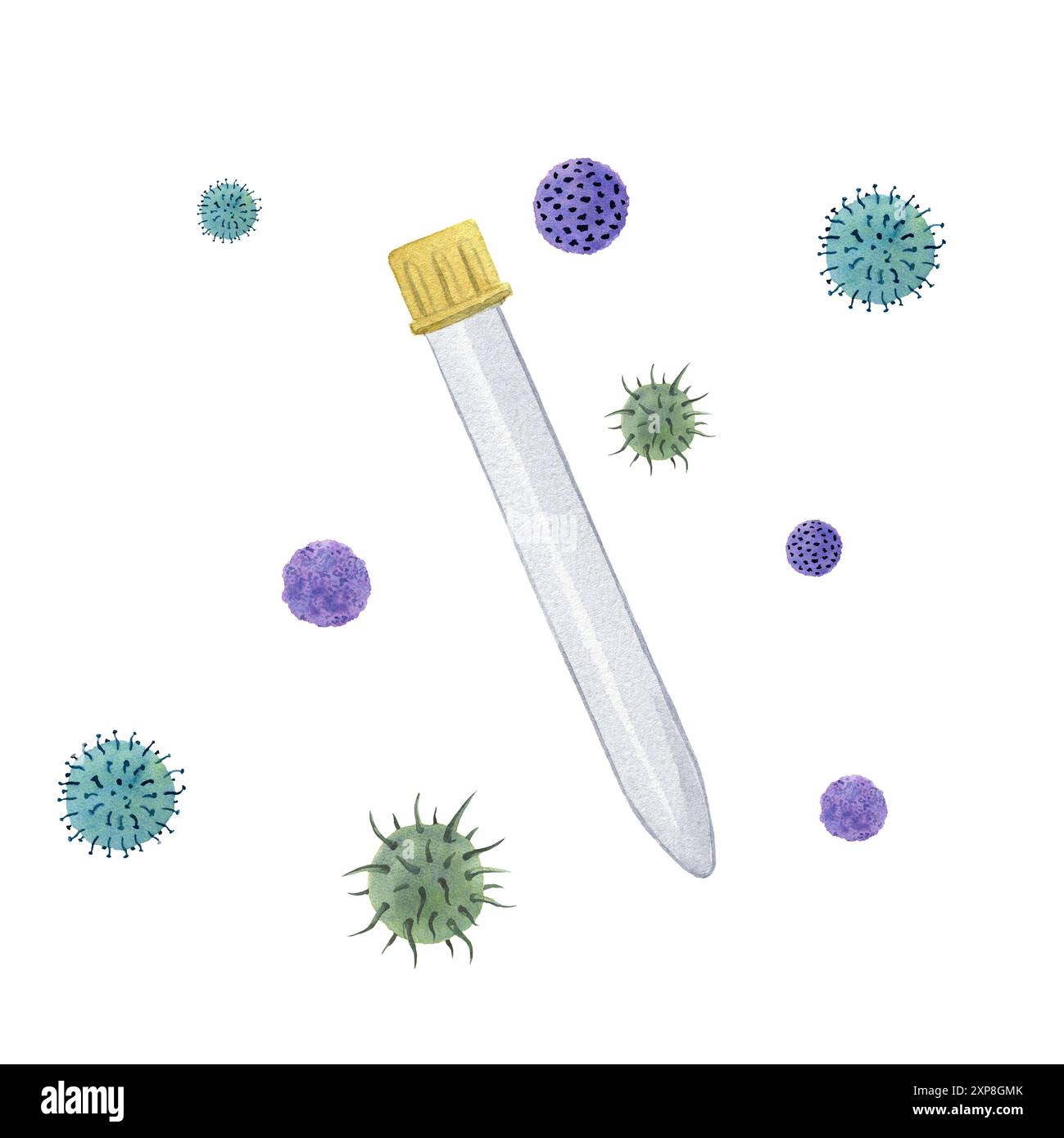 Test tube with yellow cap and viruses. Hand drawn illustration isolated ...