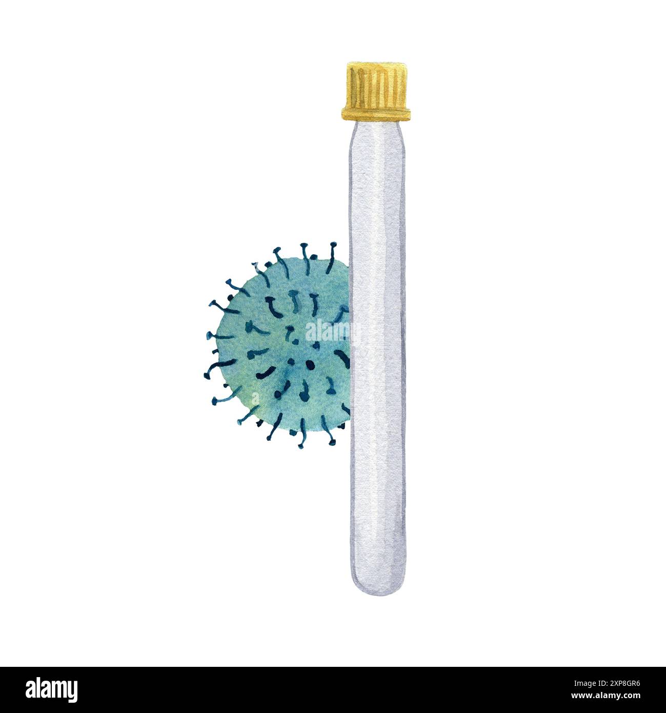 Test tube with yellow cap and virus. Hand drawn illustration isolated ...