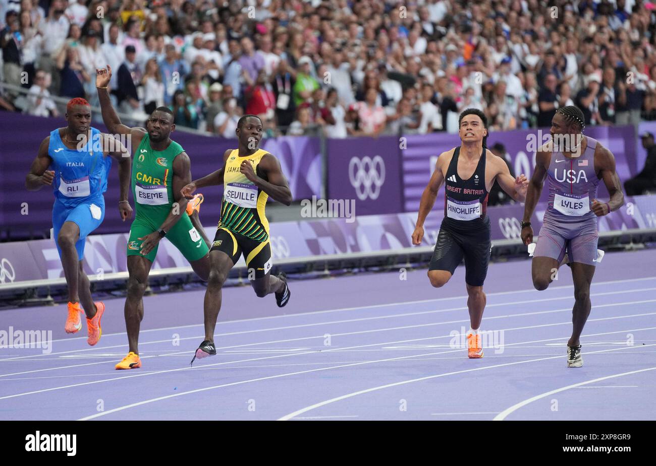 Paris, France. 04th Aug, 2024. Seville Oblique of Jamaica (3rd L) crosses the finish line to win ...