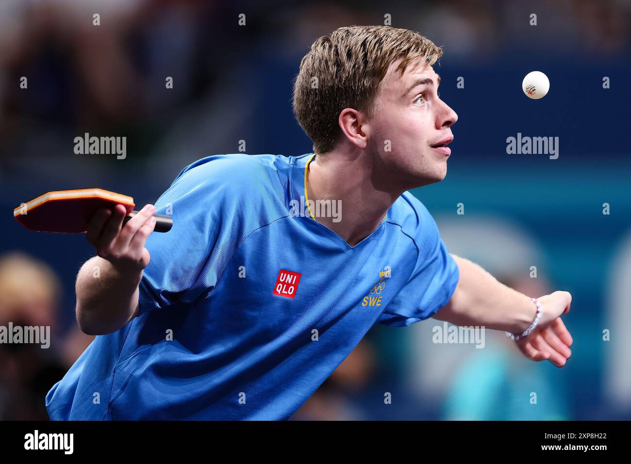 Paris, France, 4 August, 2024. Truls Moregard of Sweden plays a shot ...