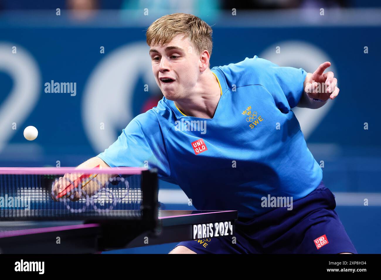 Paris, France, 4 August, 2024. Truls Moregard of Sweden plays a shot ...