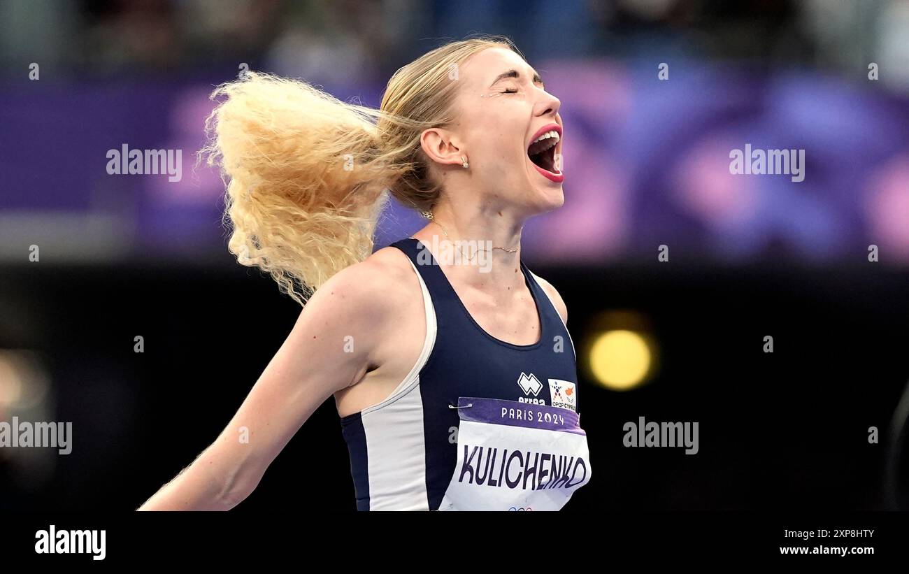 Elena Kulichenko, of Cyprus, reacts in the women's high jump final at ...