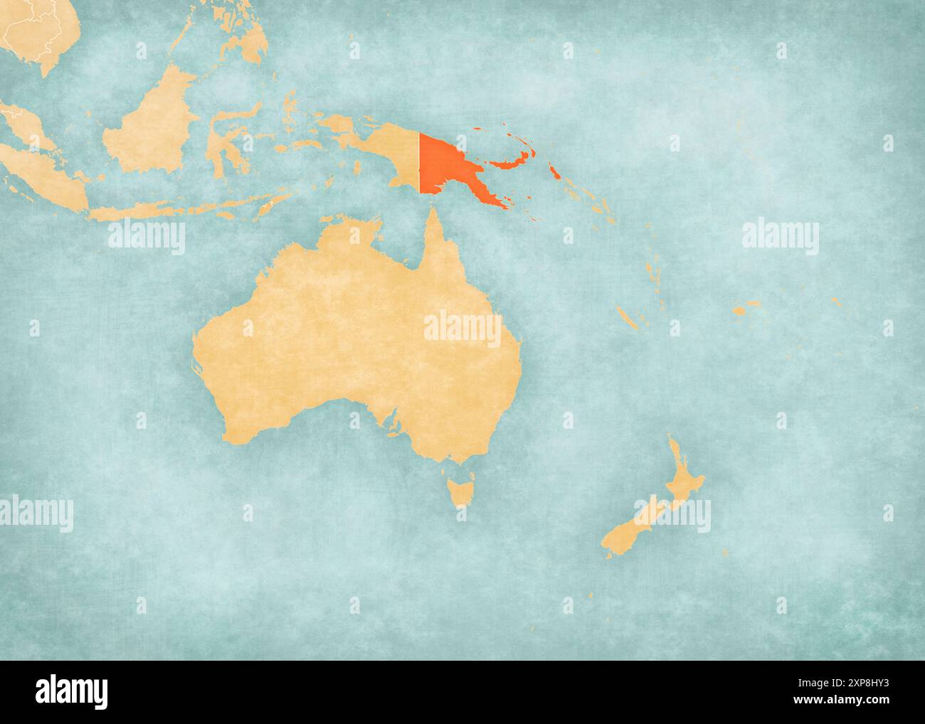 Papua New Guinea on the map of Australasia (Oceania) in soft grunge and ...