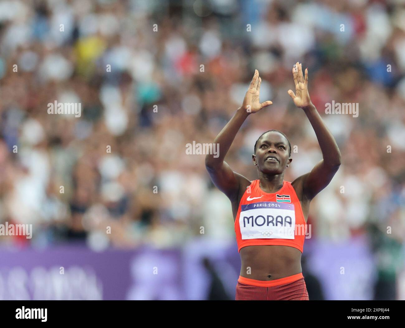 Paris, France. 4th Aug, 2024. Mary Moraa of Kenya reacts after the women's 800m semi-final of ...