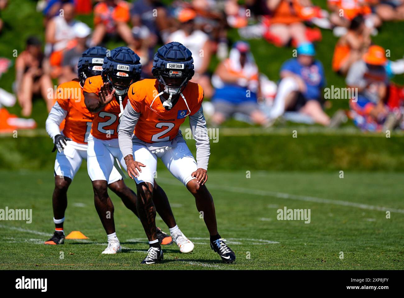 Denver Broncos cornerback Pat Surtain II (2) takes part in drills at an ...