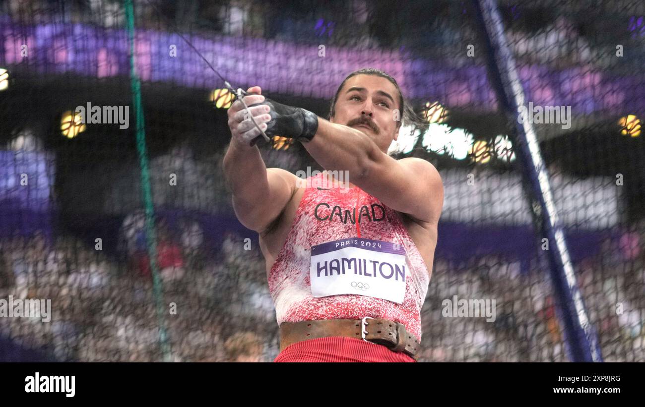 Rowan Hamilton, of Canada, competes in the men's hammer throw final at ...