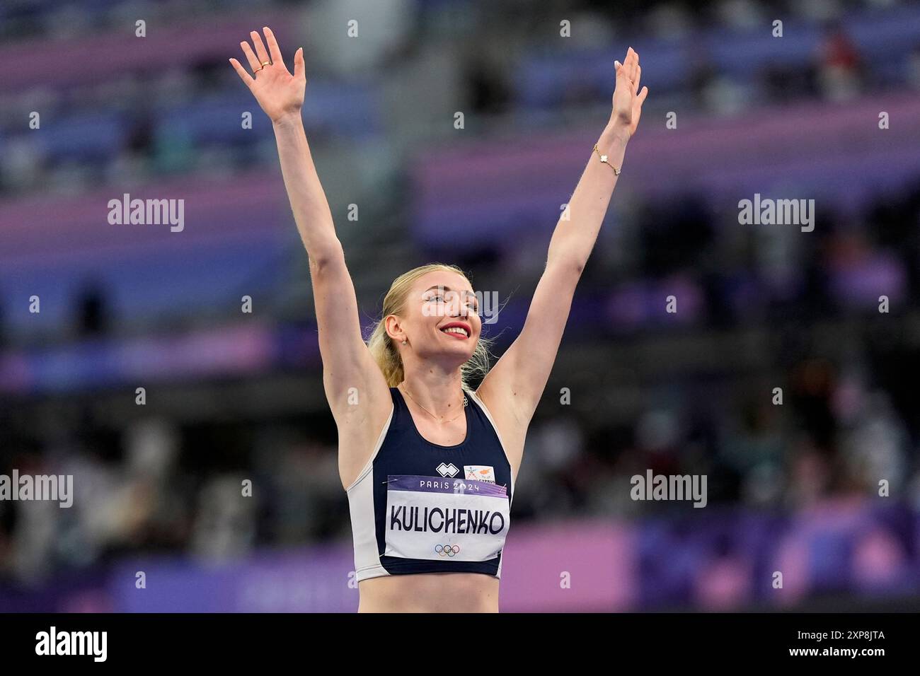 Elena Kulichenko, of Cyprus, reacts in the women's high jump final at ...
