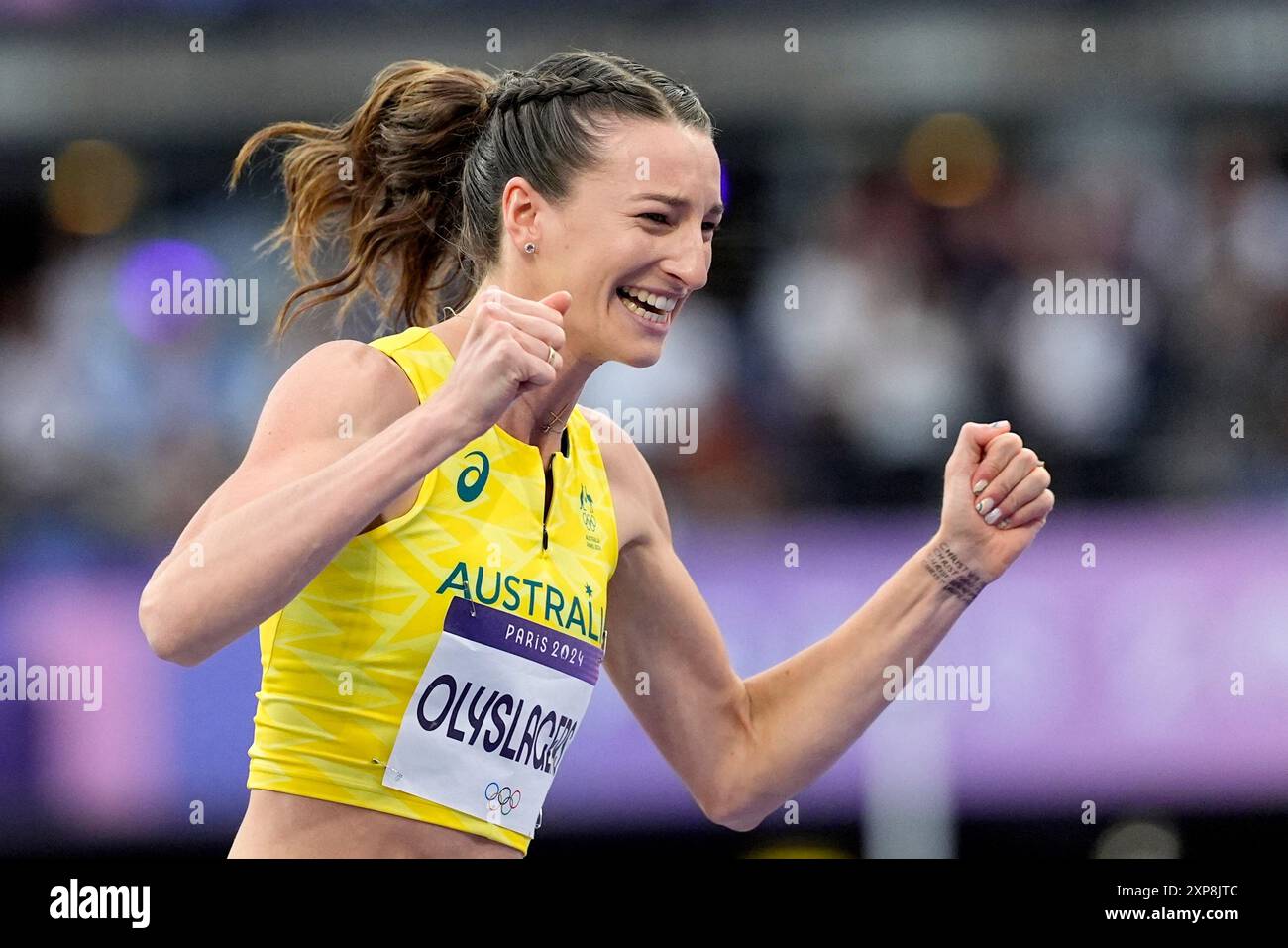 Nicola Olyslagers, of Australia, reacts in the women's high jump final ...