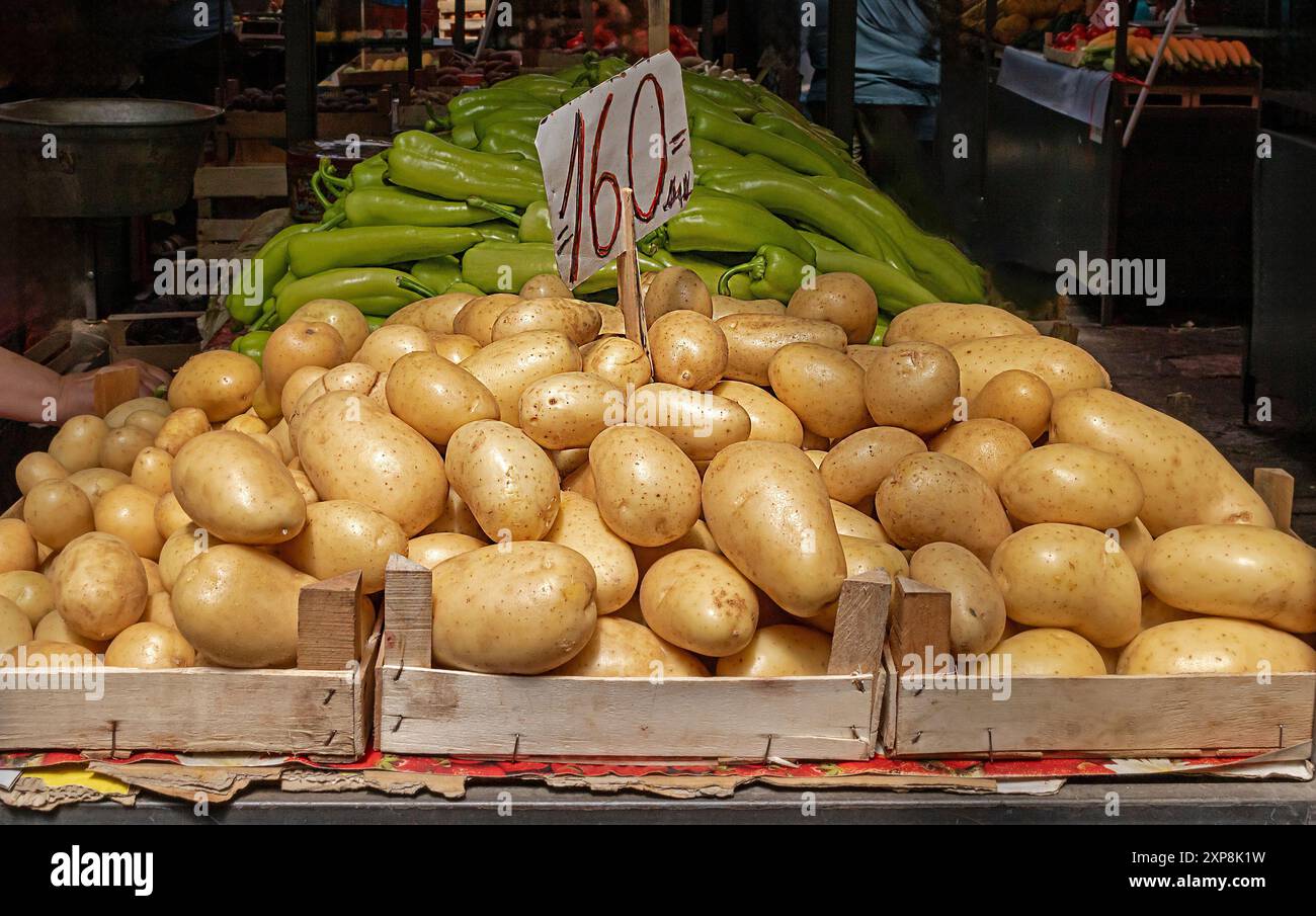 Organic raw white potatoes sold outside from market stall tray Stock ...