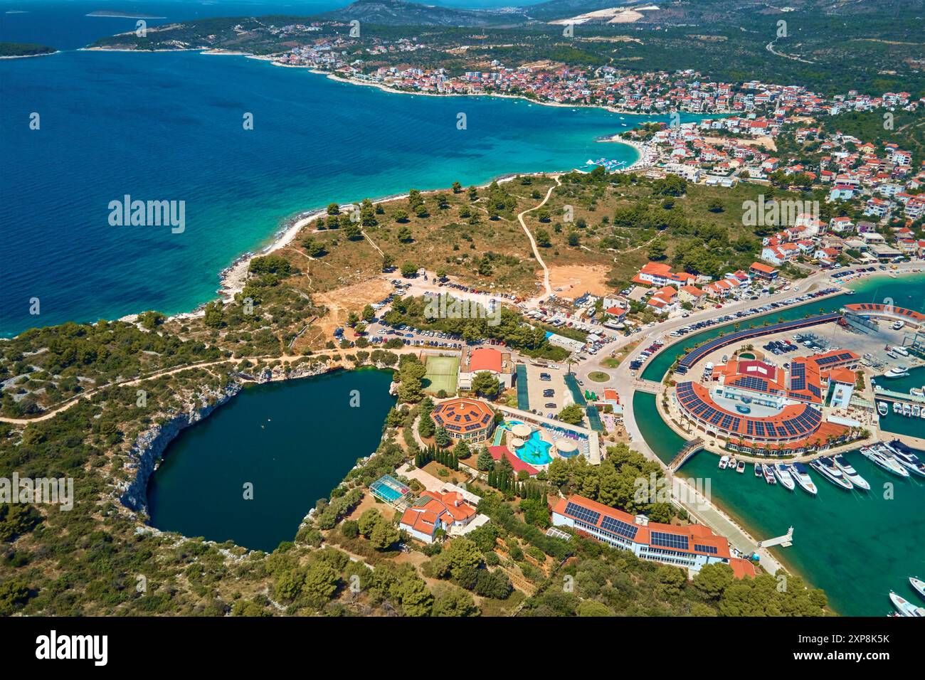 Aerial view of Dragon Eye lake near Marina Frapa in Rogoznica, Croatia ...