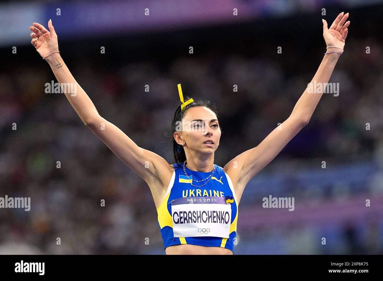Iryna Gerashchenko, of Ukraine, reacts in the women's high jump final ...