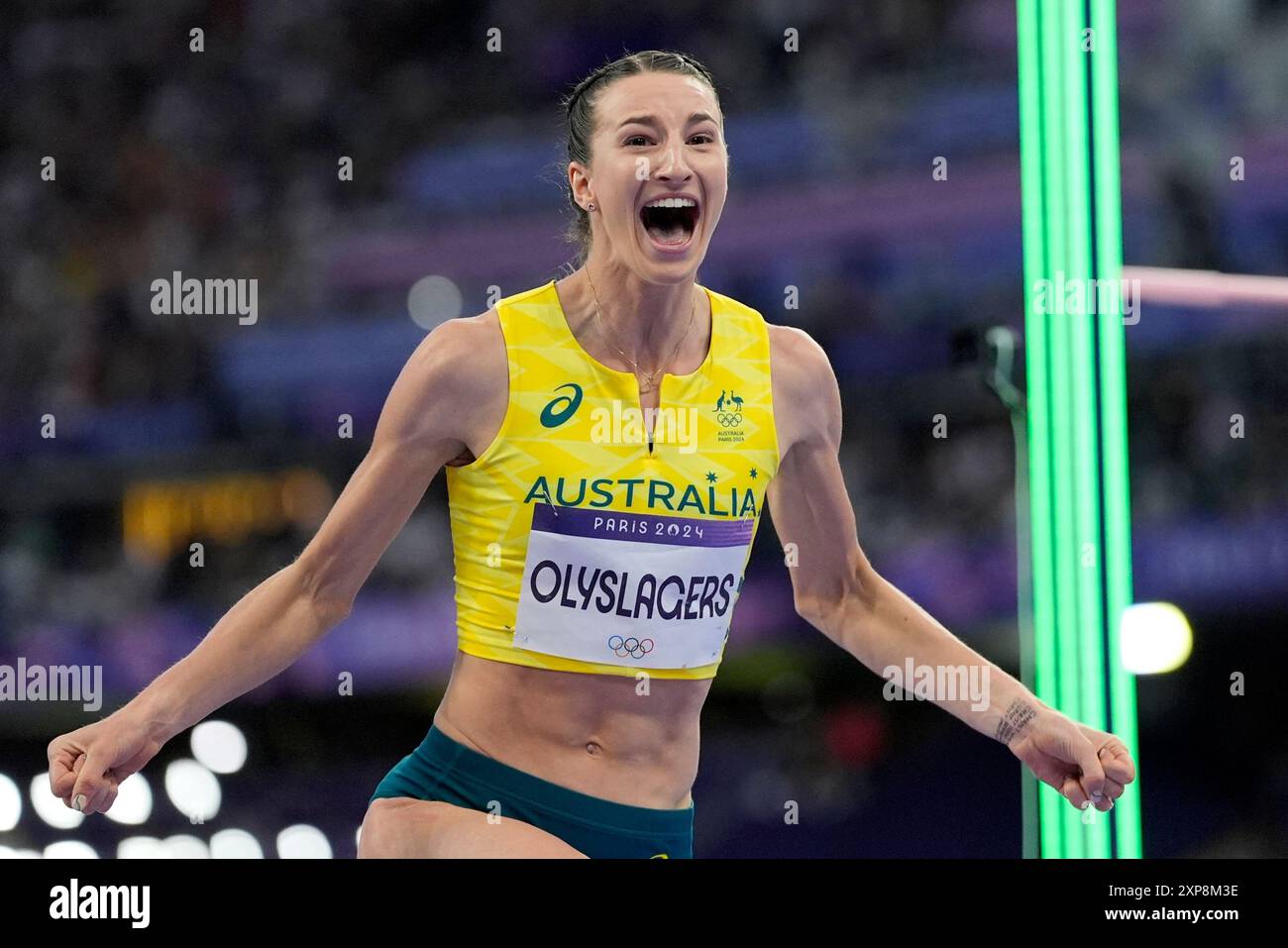 Nicola Olyslagers, of Australia, reacts in the women's high jump final ...