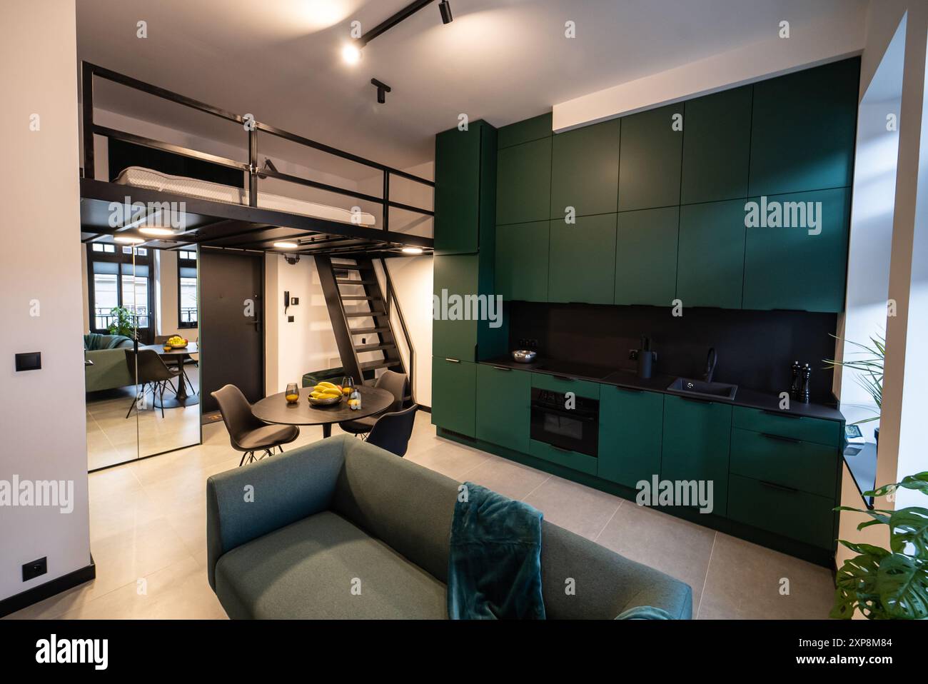 Modern studio apartment with a mezzanine bedroom. Stylish kitchen ...