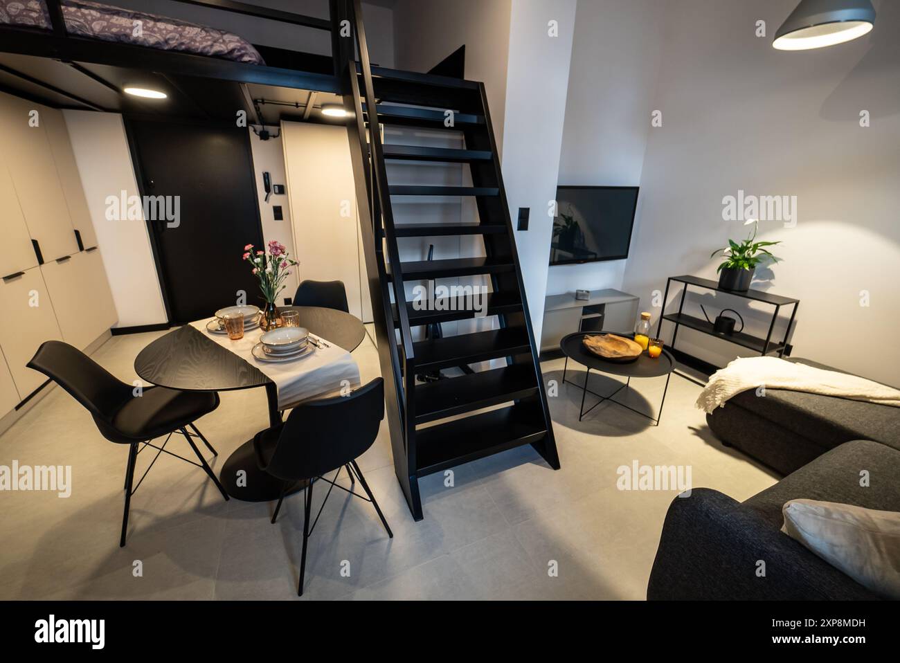 Modern studio apartment with a mezzanine bedroom. Stylish kitchen ...