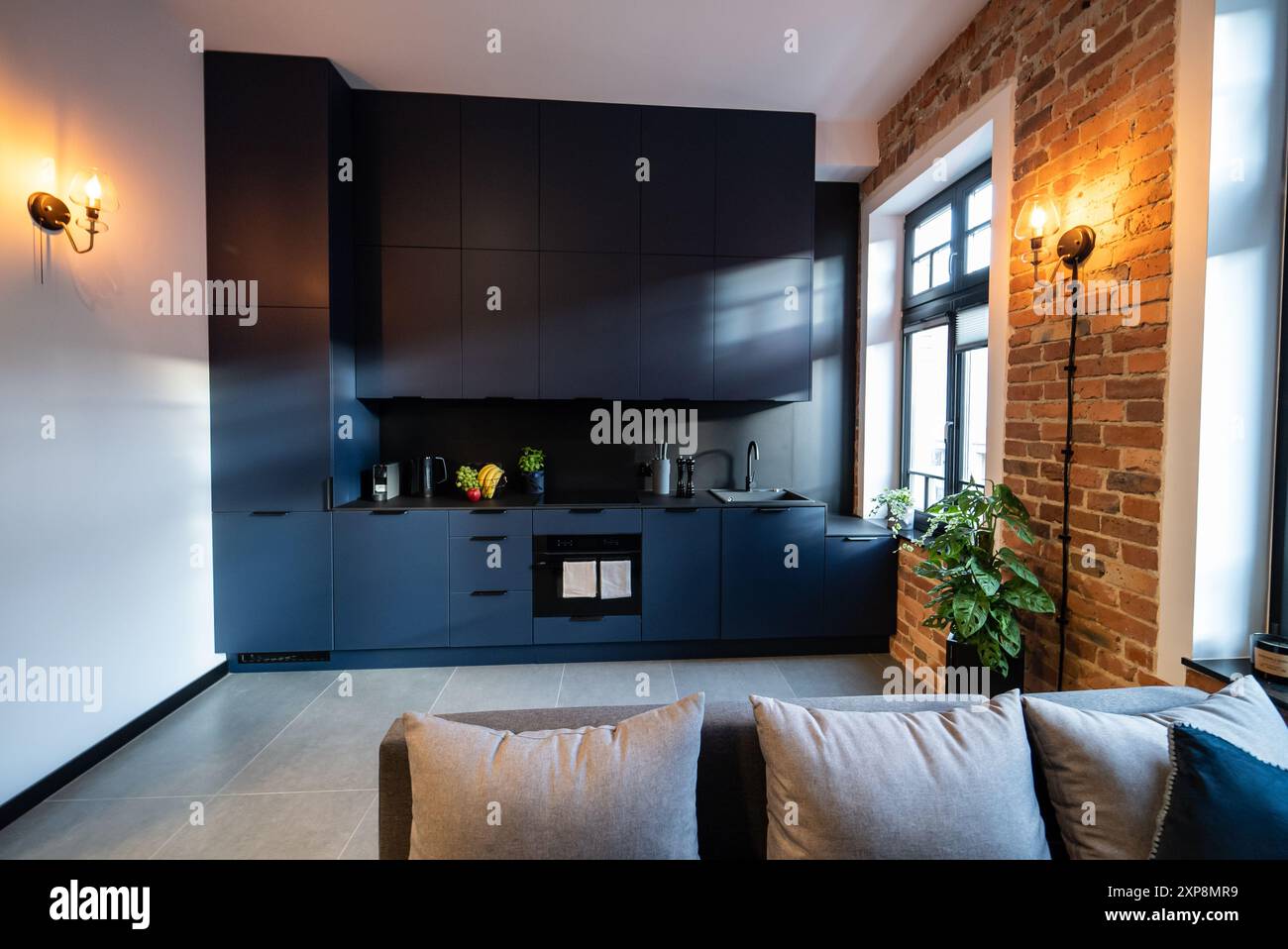 Stylish kitchen seamlessly connected to a cozy living room. Modern ...