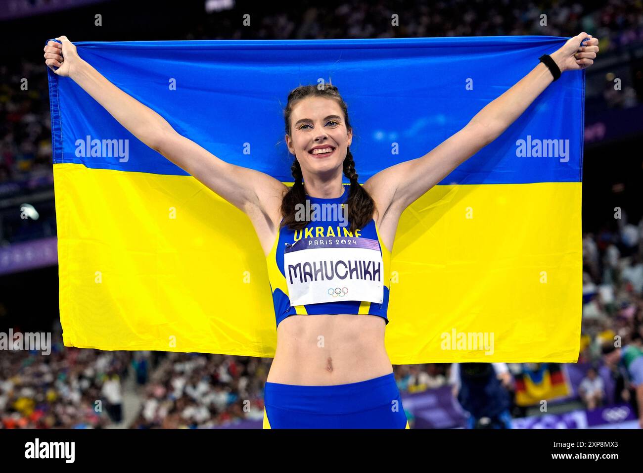 Yaroslava Mahuchikh, of Ukraine, celebrates after winning the women's ...