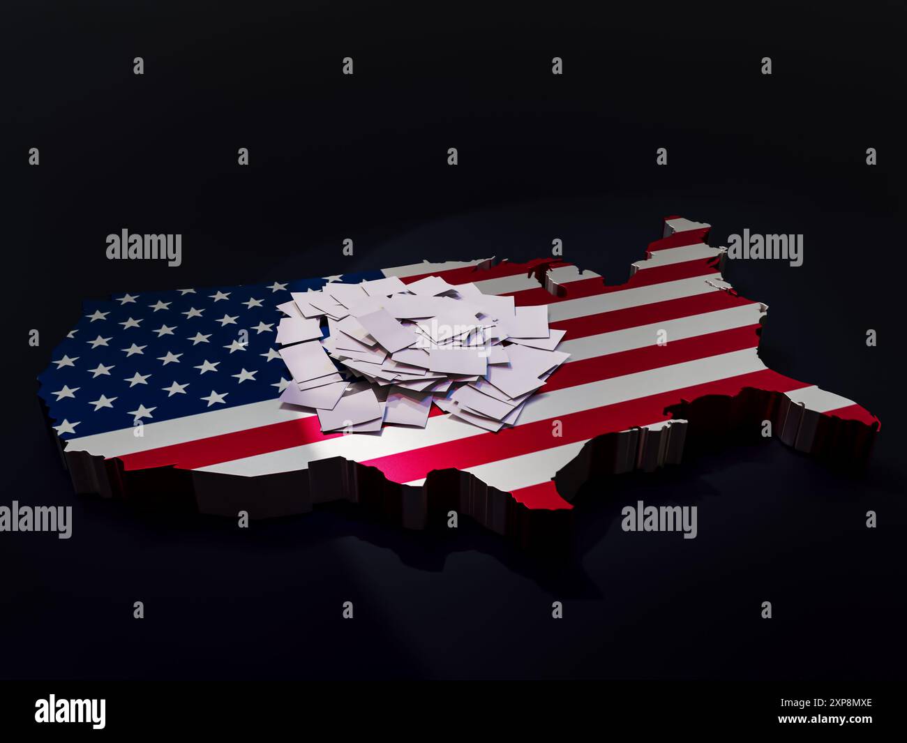 3D rendering of pile of voting cards scattered on 3d USA map with US ...