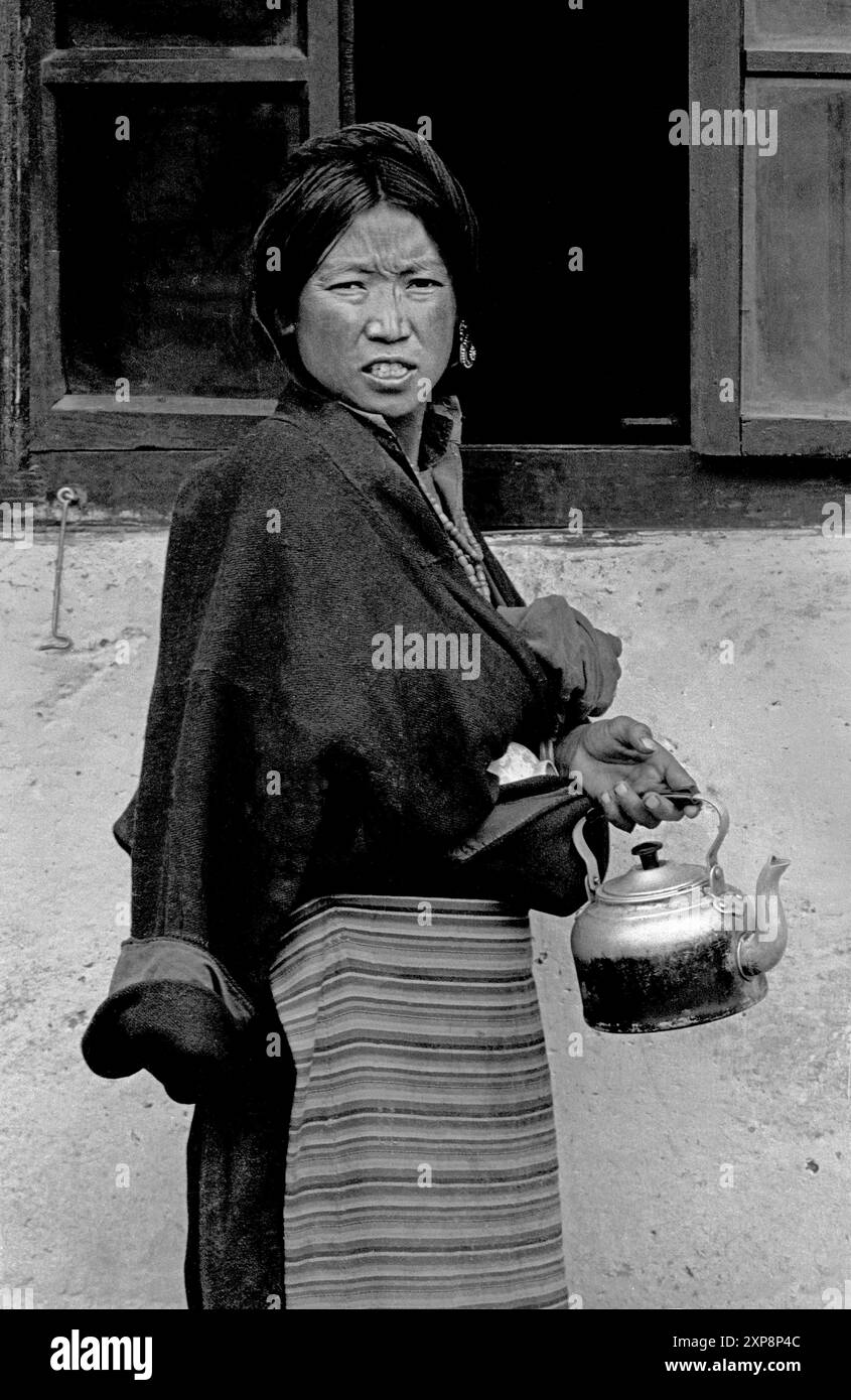 A Tibetan women pilgrimage with a teapot at Drepung Monastery in Lhasa Tibet - 1986 Stock Photo ...