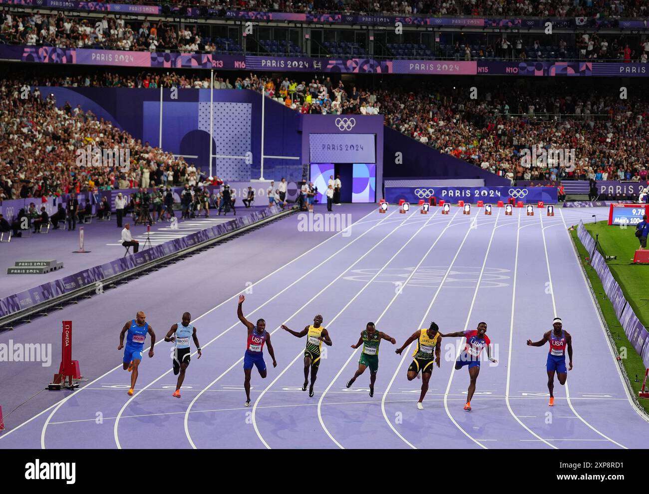 A general view of the finish of the Men's 100m Final, which was won by ...