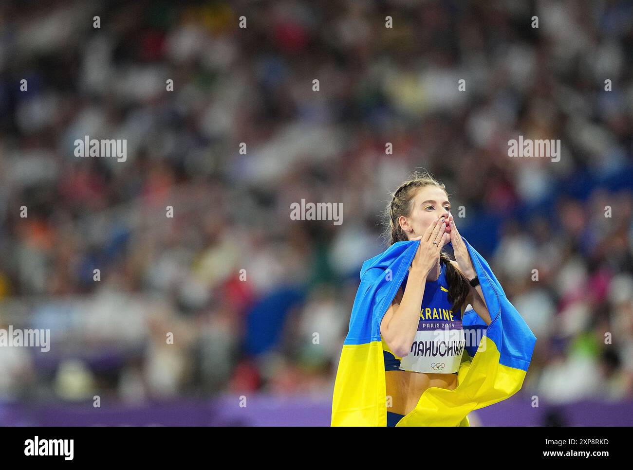 Paris, France. 4th Aug, 2024. Yaroslava Mahuchikh of Ukraine celebrates ...