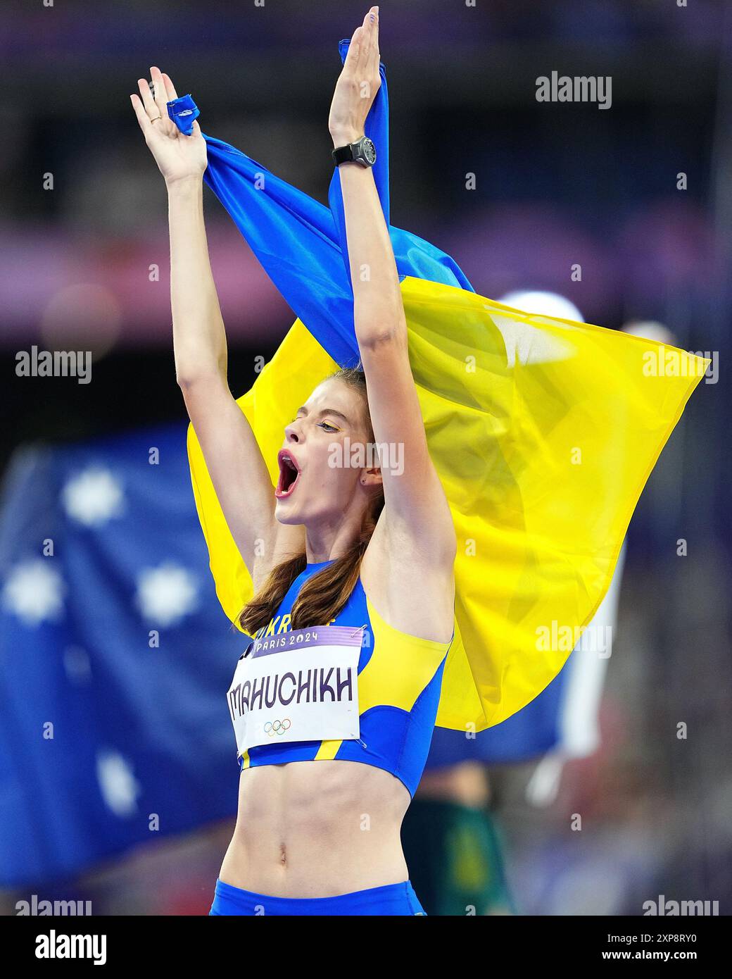 Paris, France. 4th Aug, 2024. Yaroslava Mahuchikh of Ukraine celebrates ...