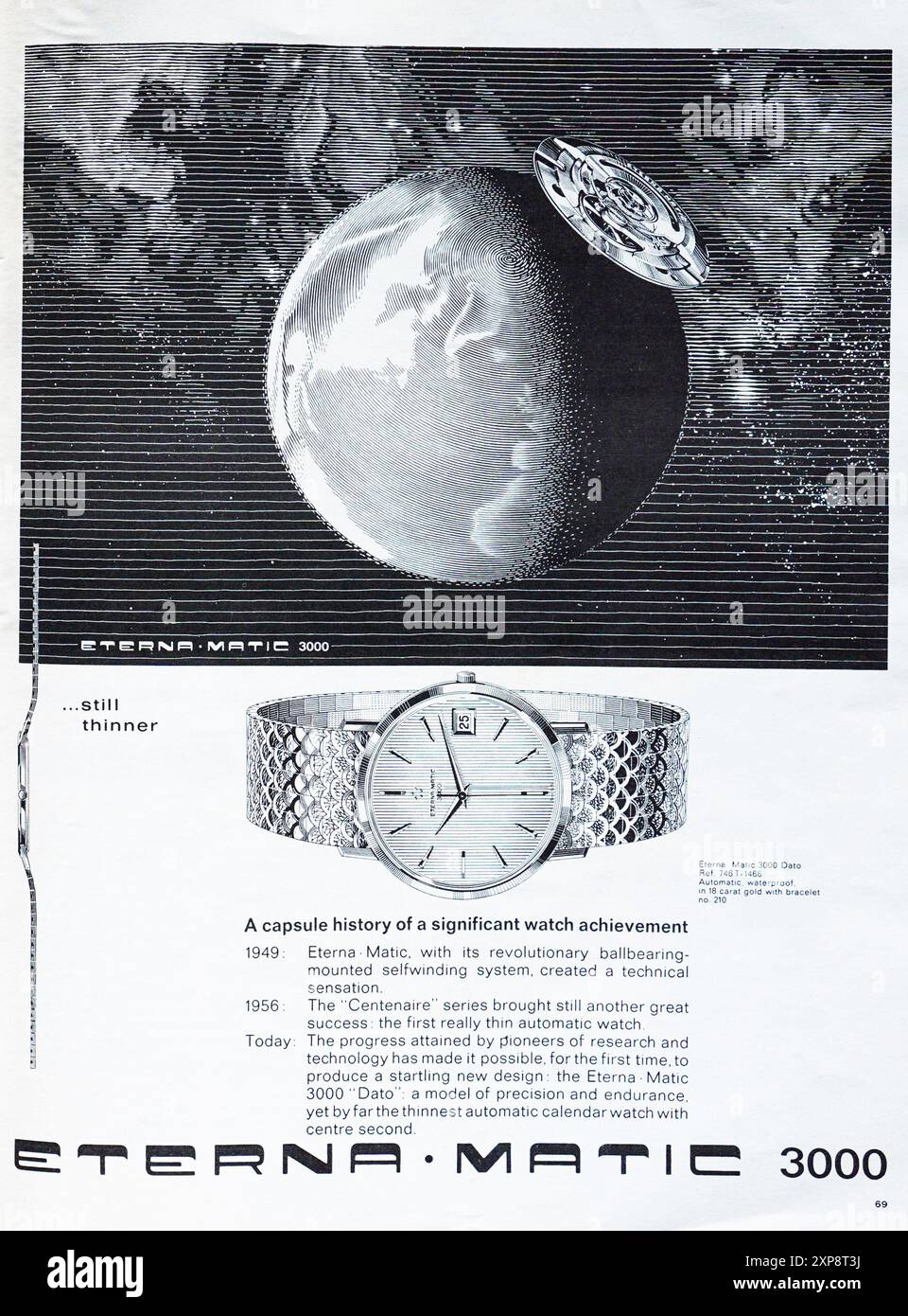 Vintage 1965 advertisement for the Eterna-Matic 3000 Watch, automatic ...