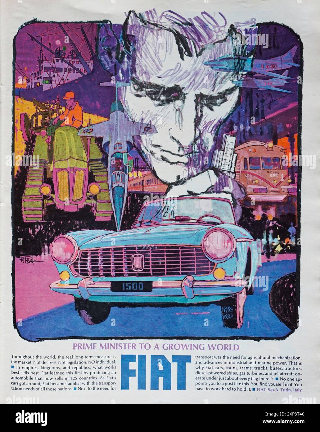 Artistic 1965 Vintage Advertisement Featuring aFiat Car in Urban ...