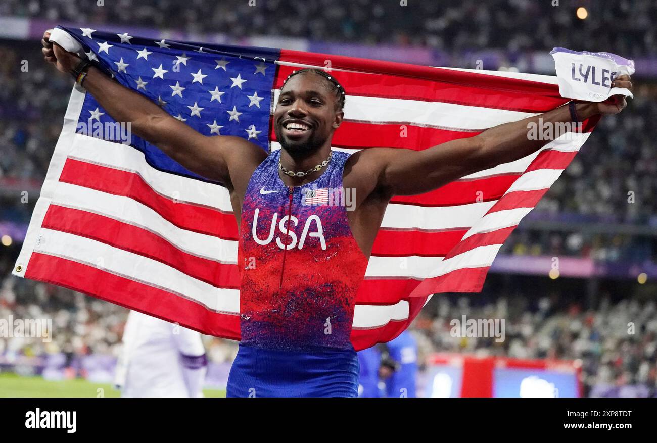 Noah Lyles of the U.S. celebrates after winning the gold medal in the ...
