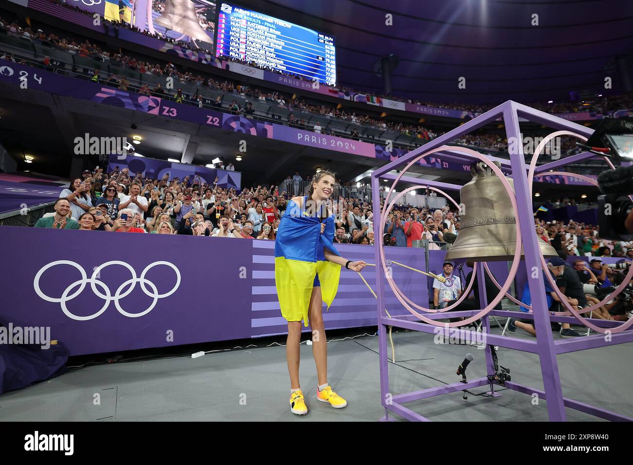 Paris, France. 4th Aug, 2024. Yaroslava Mahuchikh of Ukraine celebrates ...