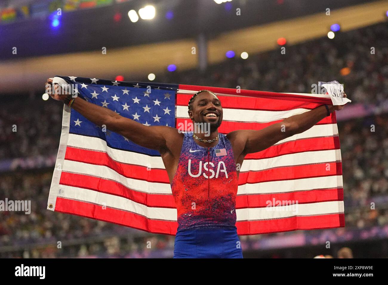 August 04 2024: Noah Lyles (USA) wins gold during the Men's 100m Final ...