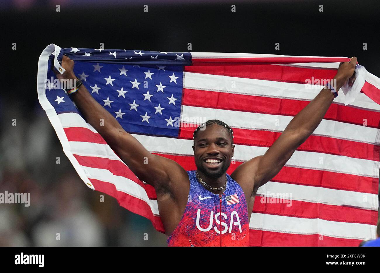 August 04 2024: Noah Lyles (USA) wins gold during the Men's 100m Final ...