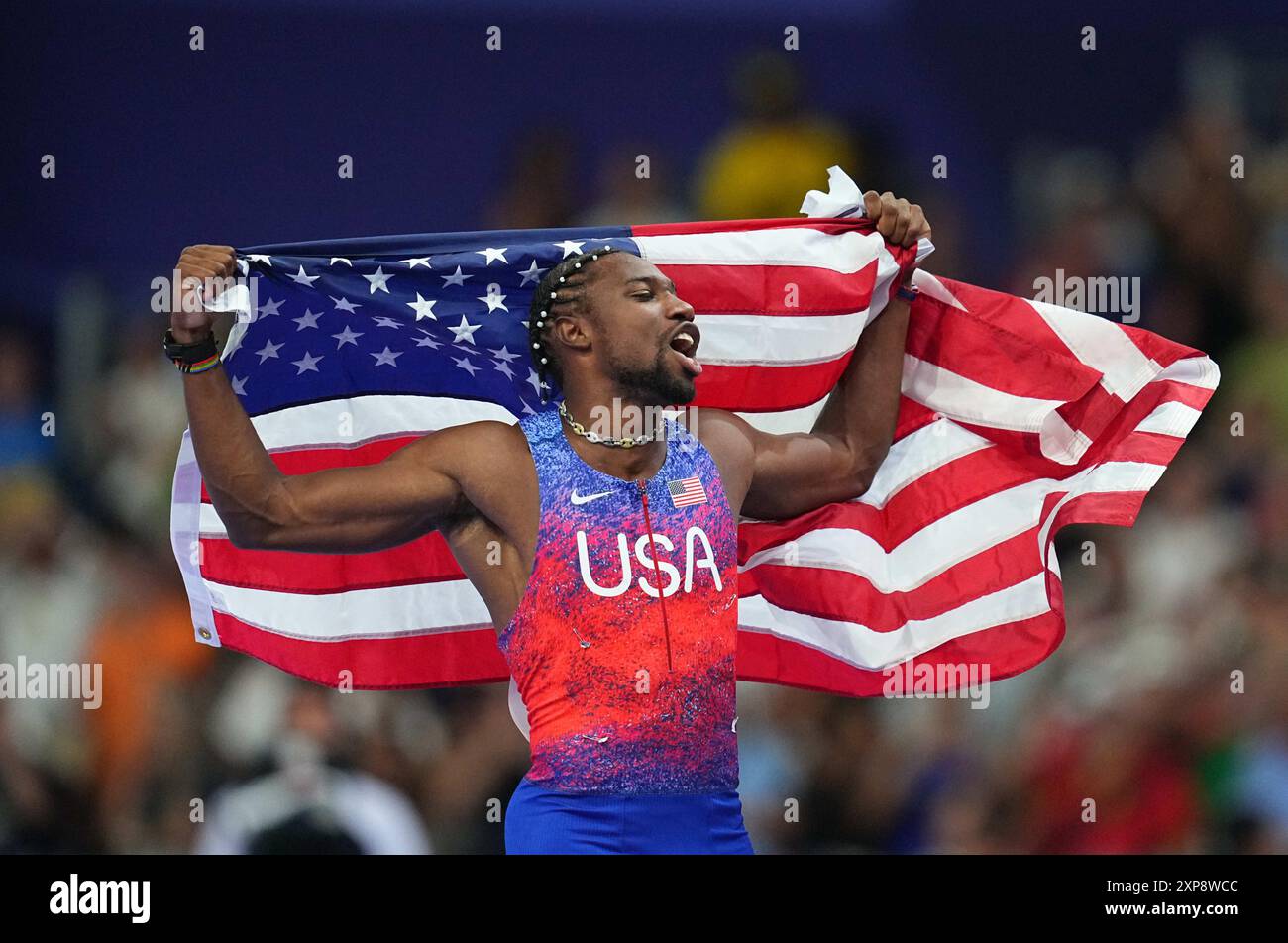 August 04 2024: Noah Lyles (USA) wins gold during the Men's 100m Final ...