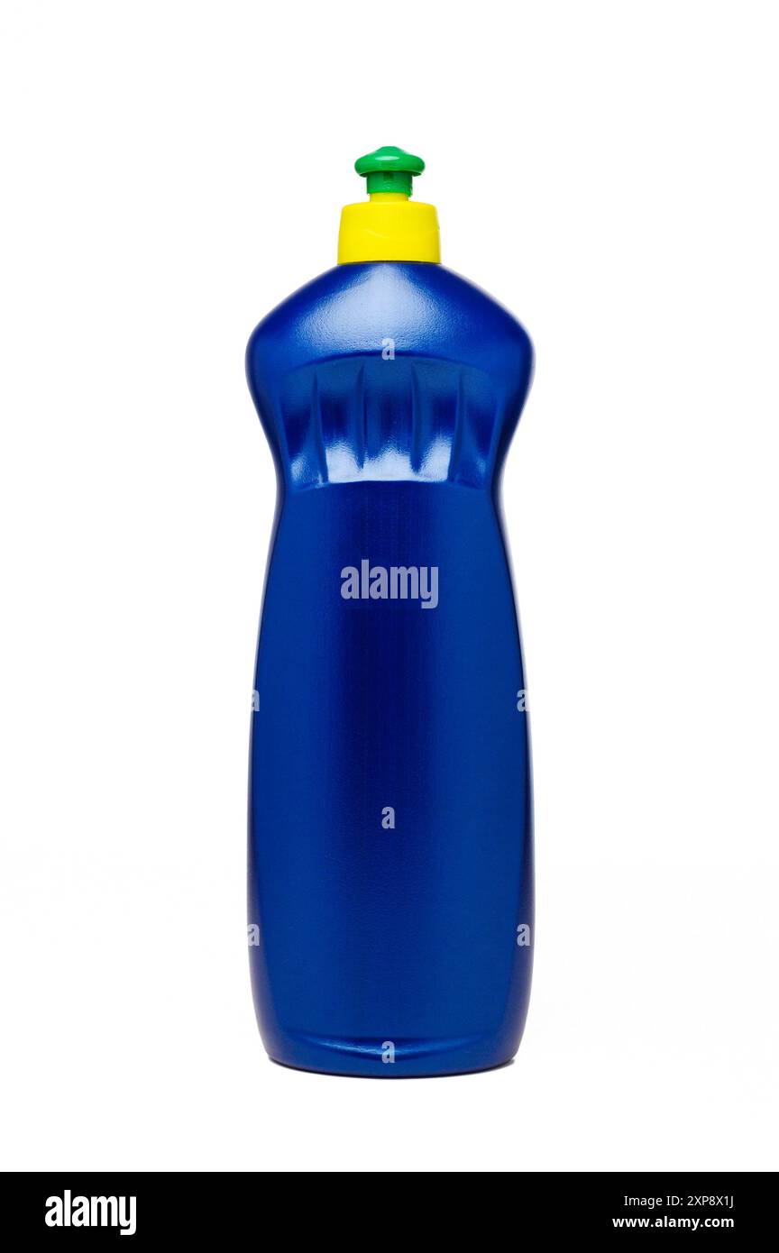Blue plastic bottle with cap isolated on white background for liquid ...