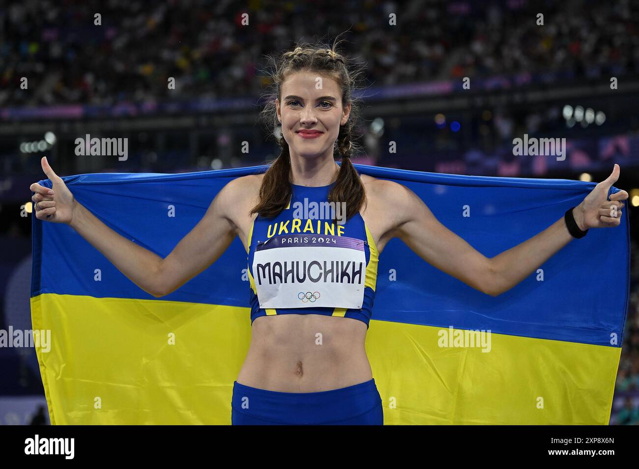 Paris, France. 4th Aug, 2024. Yaroslava Mahuchikh of Ukraine celebrates ...