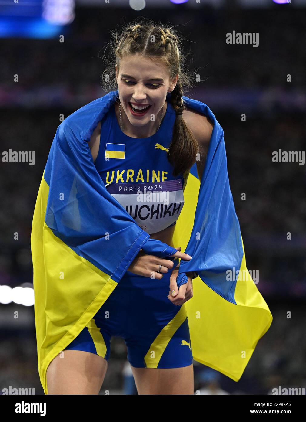 Paris, France. 4th Aug, 2024. Yaroslava Mahuchikh of Ukraine celebrates ...