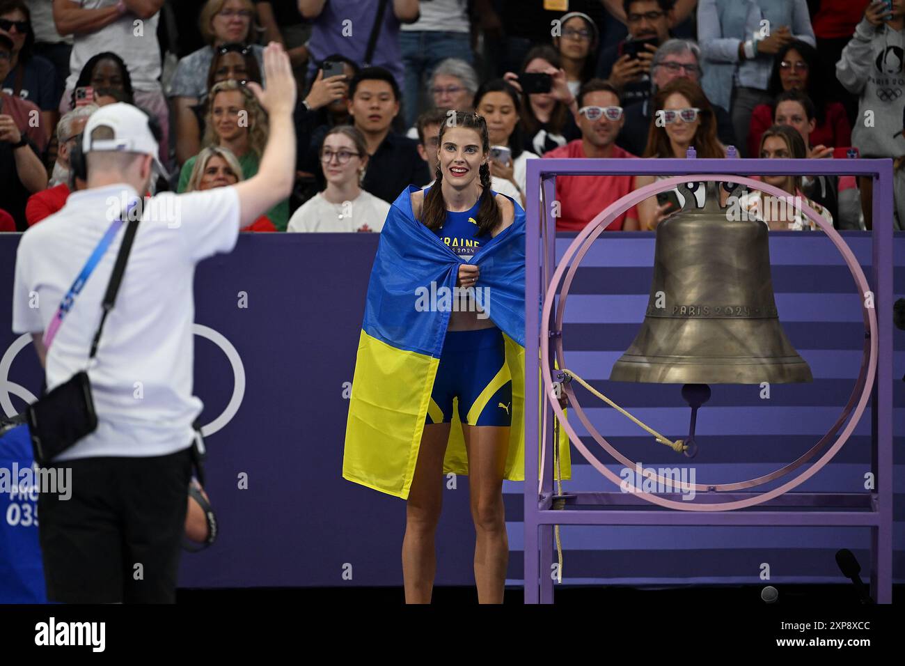 Paris, France. 4th Aug, 2024. Yaroslava Mahuchikh of Ukraine celebrates ...