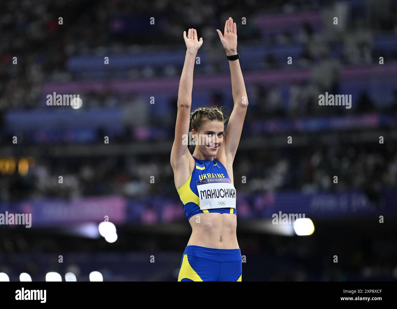 Paris, France. 4th Aug, 2024. Yaroslava Mahuchikh of Ukraine celebrates ...