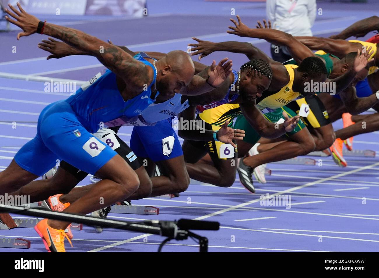 Competitors start in the men's 100-meter final at the 2024 Summer ...