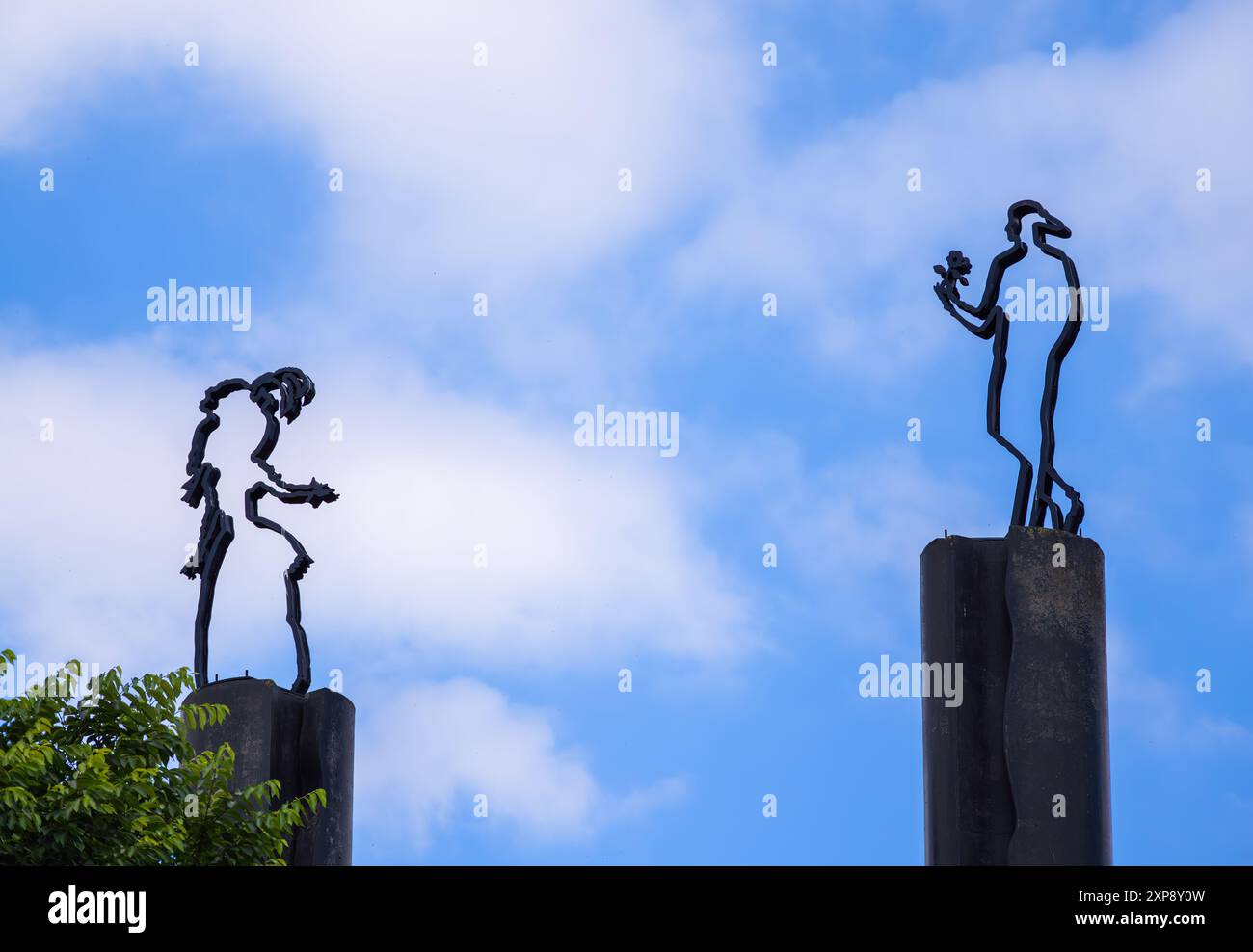 London, United Kingdom - June 25, 2024: Metal sculptures on pillars ...