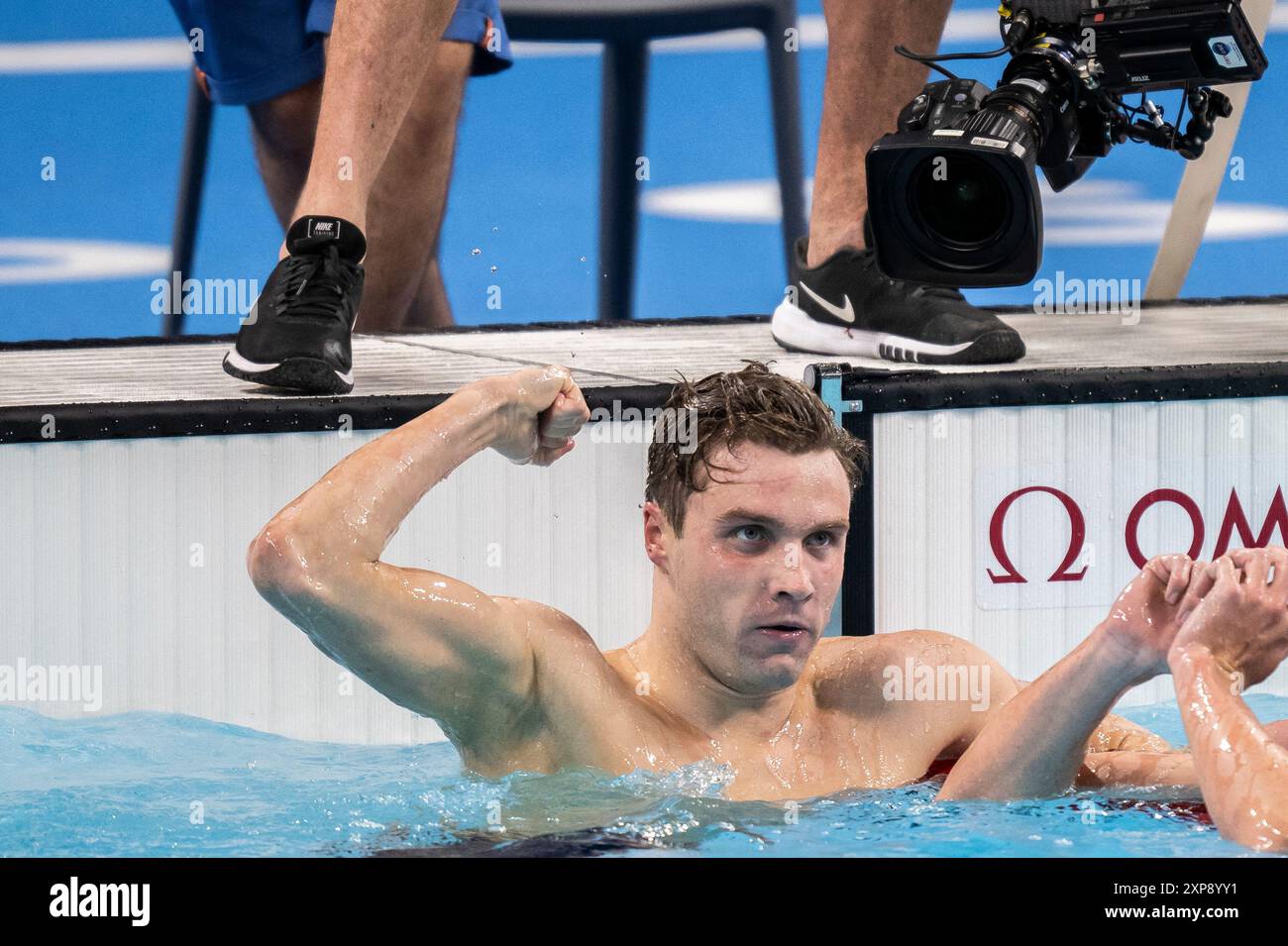 Paris, France. 04th Aug, 2024. US' Bobby Finke reacts and competes in ...