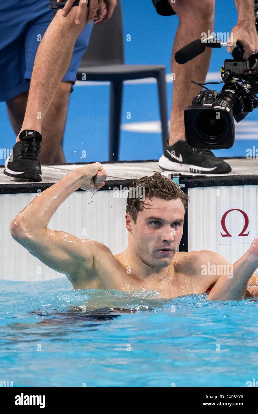 Paris, France. 04th Aug, 2024. US' Bobby Finke reacts and competes in ...