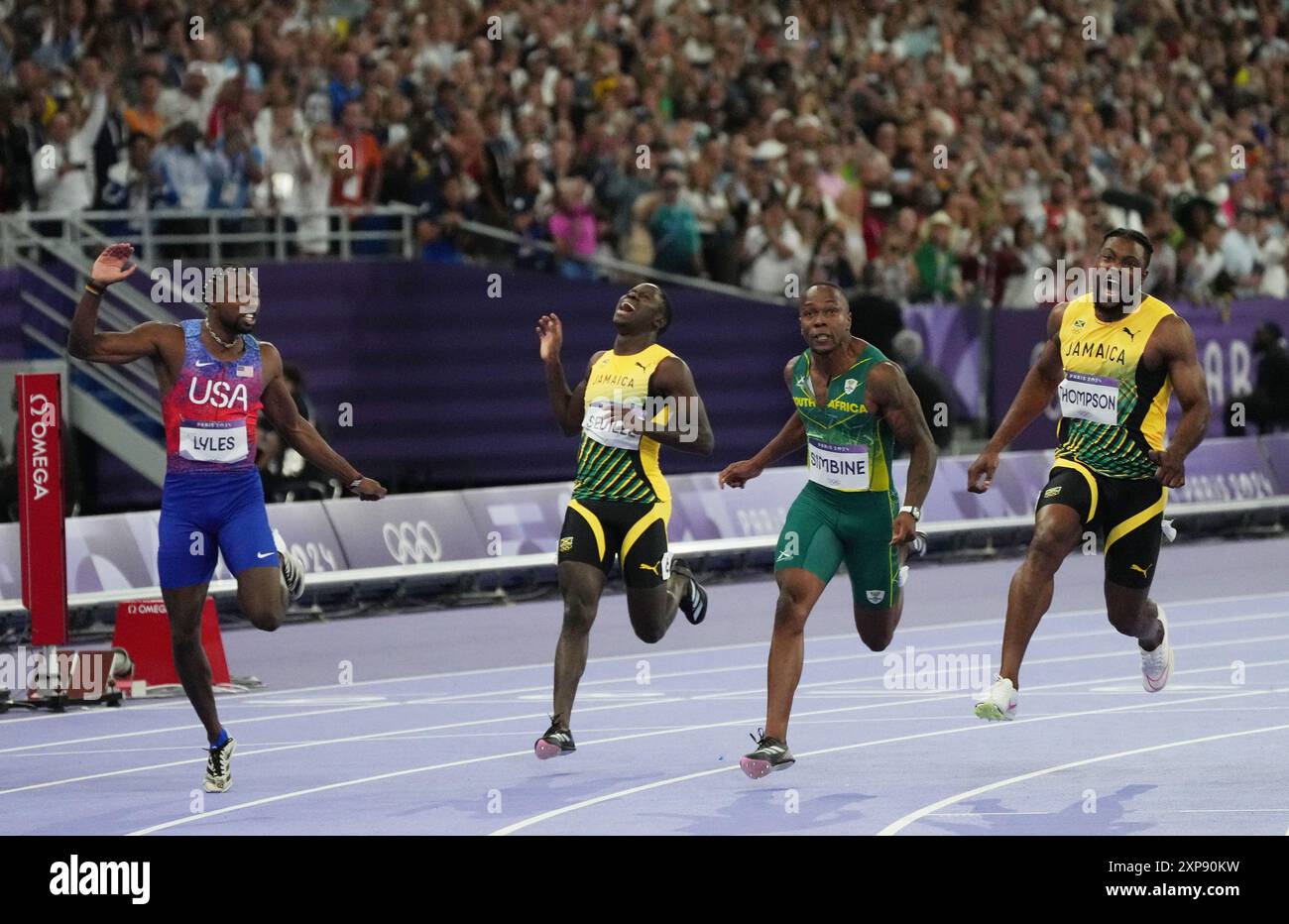 Paris, France. 04th Aug, 2024. Noah Lyles of the U.S. (L) crosses the ...