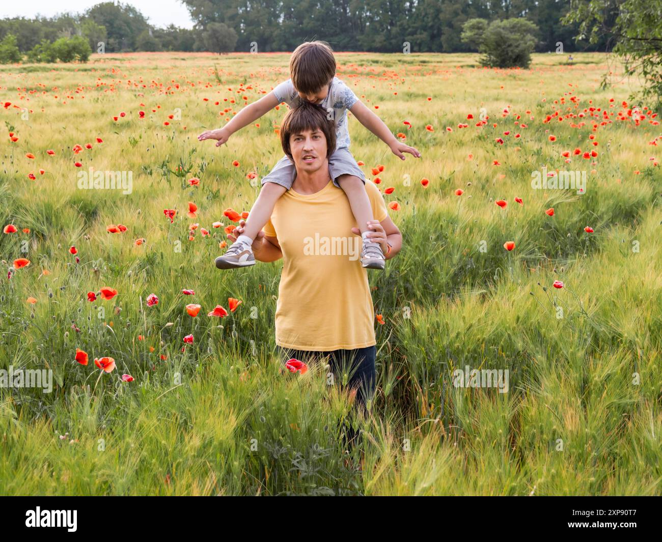 Laughing boy and his father. Happy kid smiles. Dad and son on rye field ...