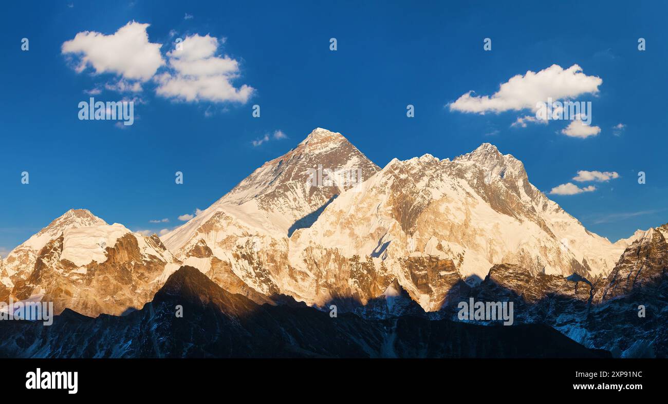 Evening sunset view of Mount Everest and Lhotse peak from Renjo pass. Three passes and Mt ...