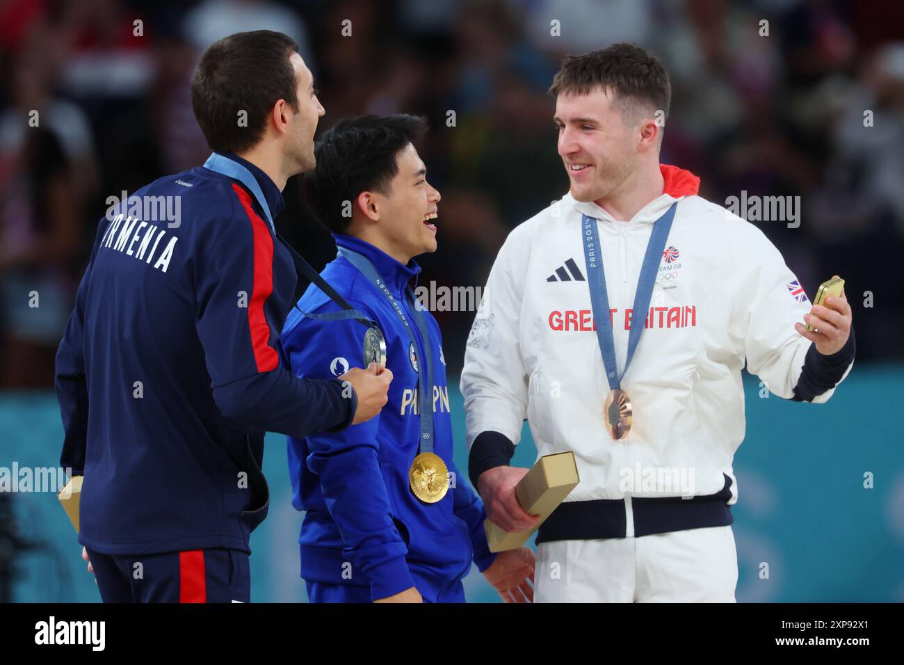 Paris, France. 4th Aug, 2024. (L-R) Artur Davtyan (ARM), Carlos Yulo ...
